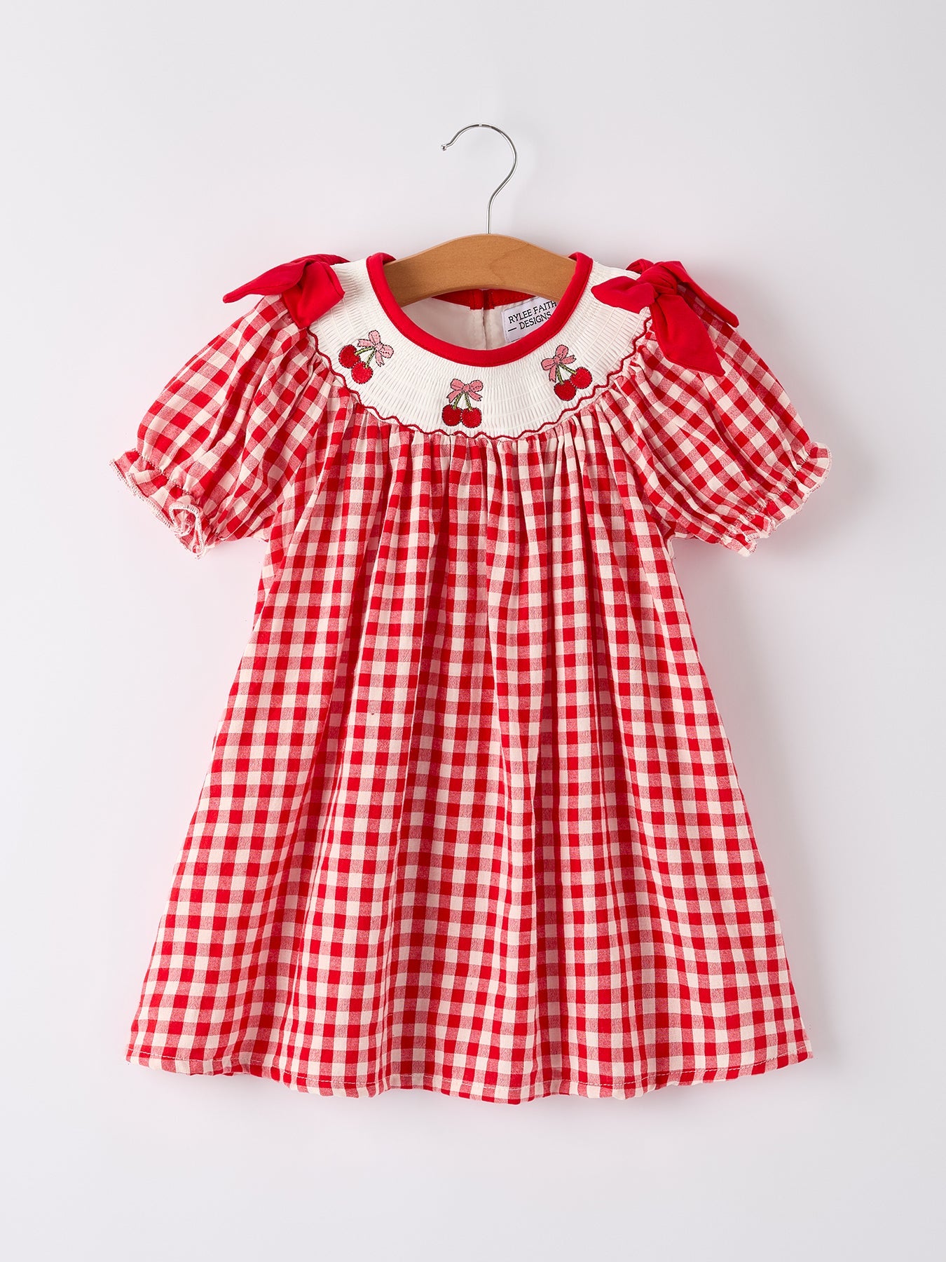 Red Cherry Bow Plaid Smocking Embroidery Girls' Dress – MOOGCO Baby