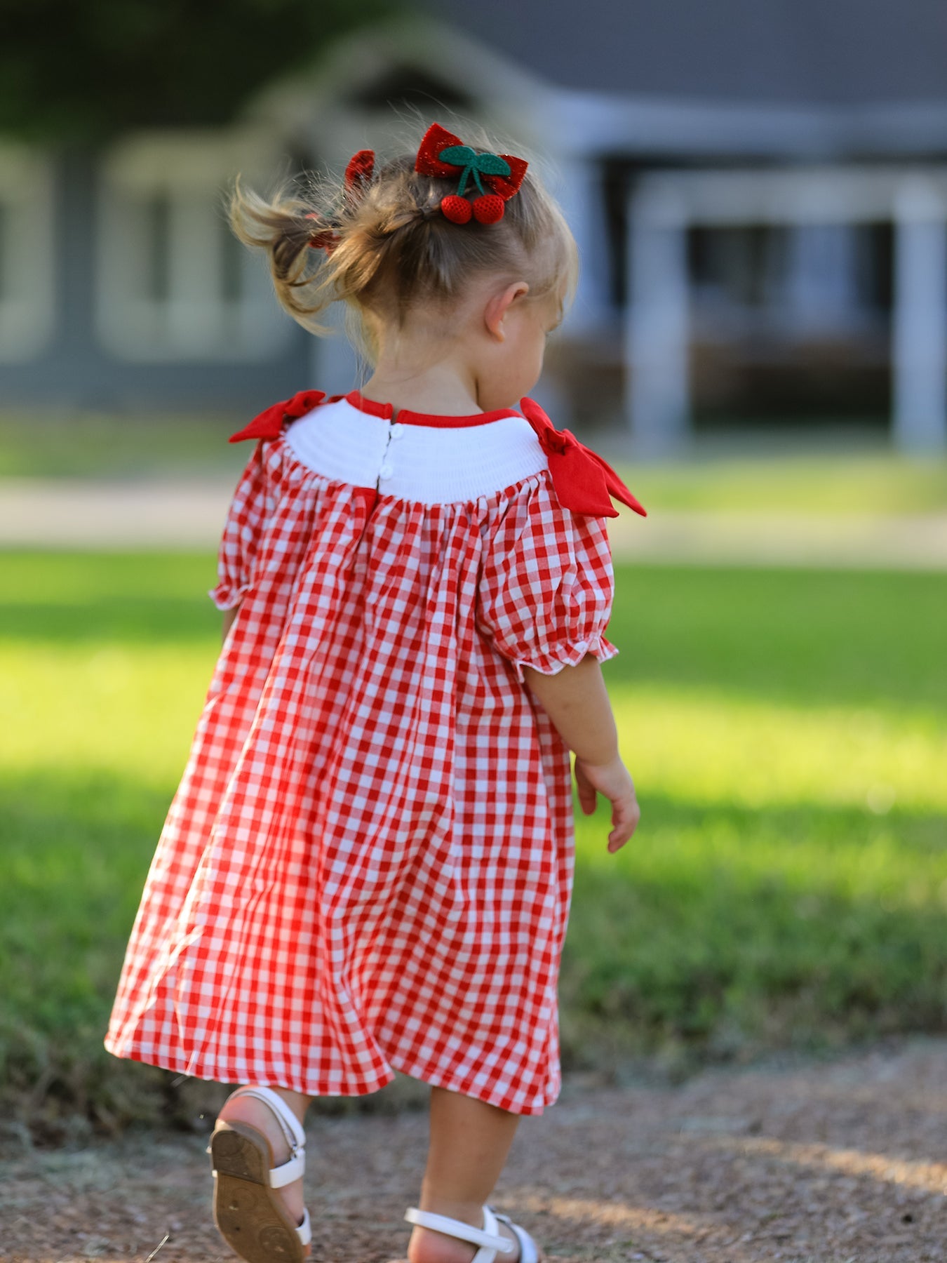 Red Cherry Bow Plaid Smocking Embroidery Girls' Dress – MOOGCO Baby