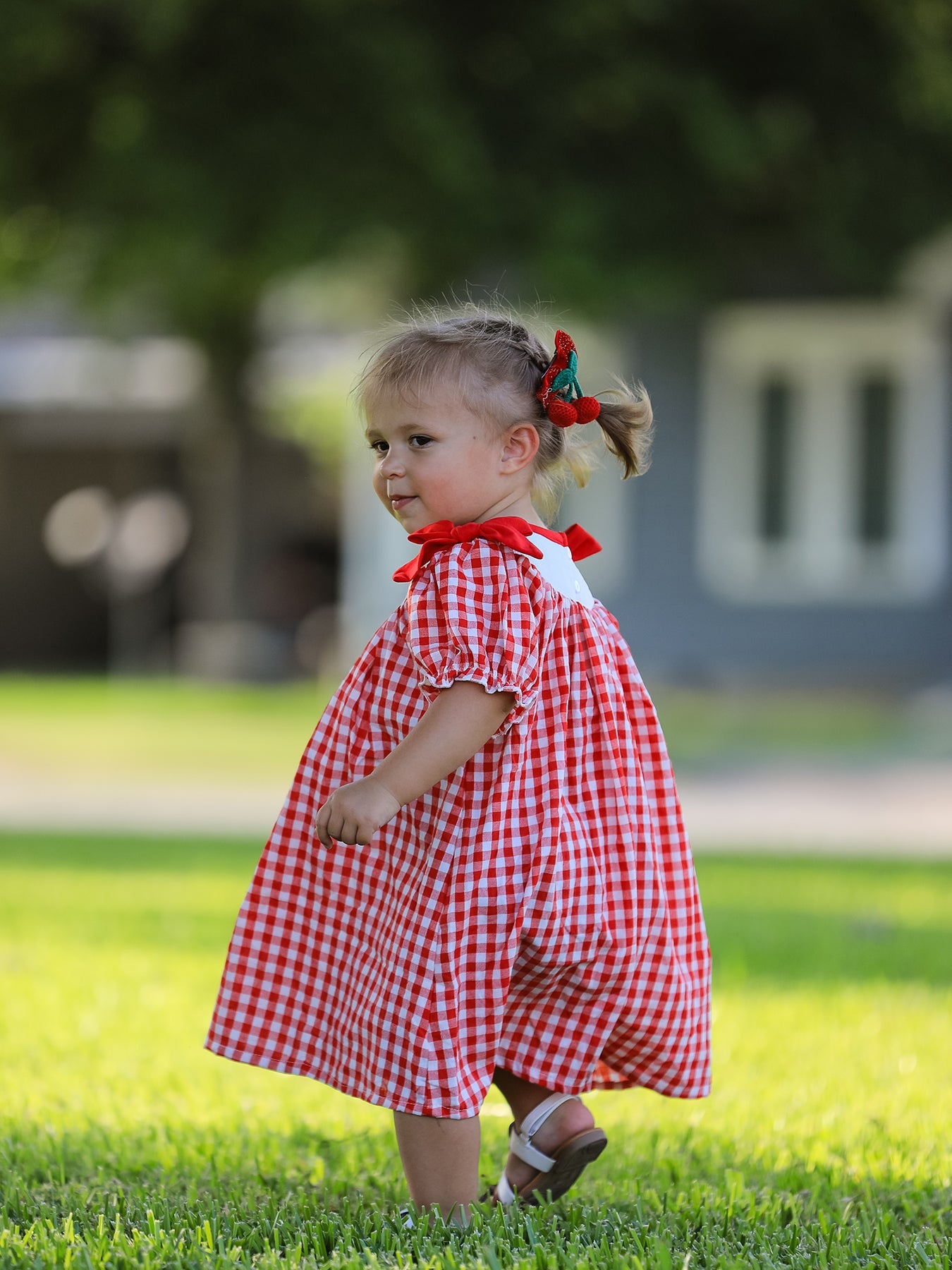 Red Cherry Bow Plaid Smocking Embroidery Girls' Dress – MOOGCO Baby