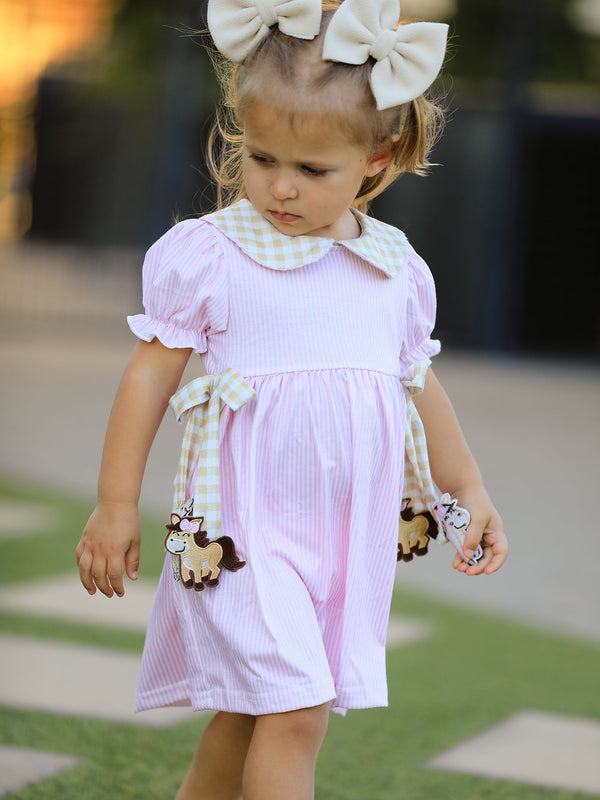 Farm Horse Bow Girls Dress – Pink Stripes – MOOGCO Baby