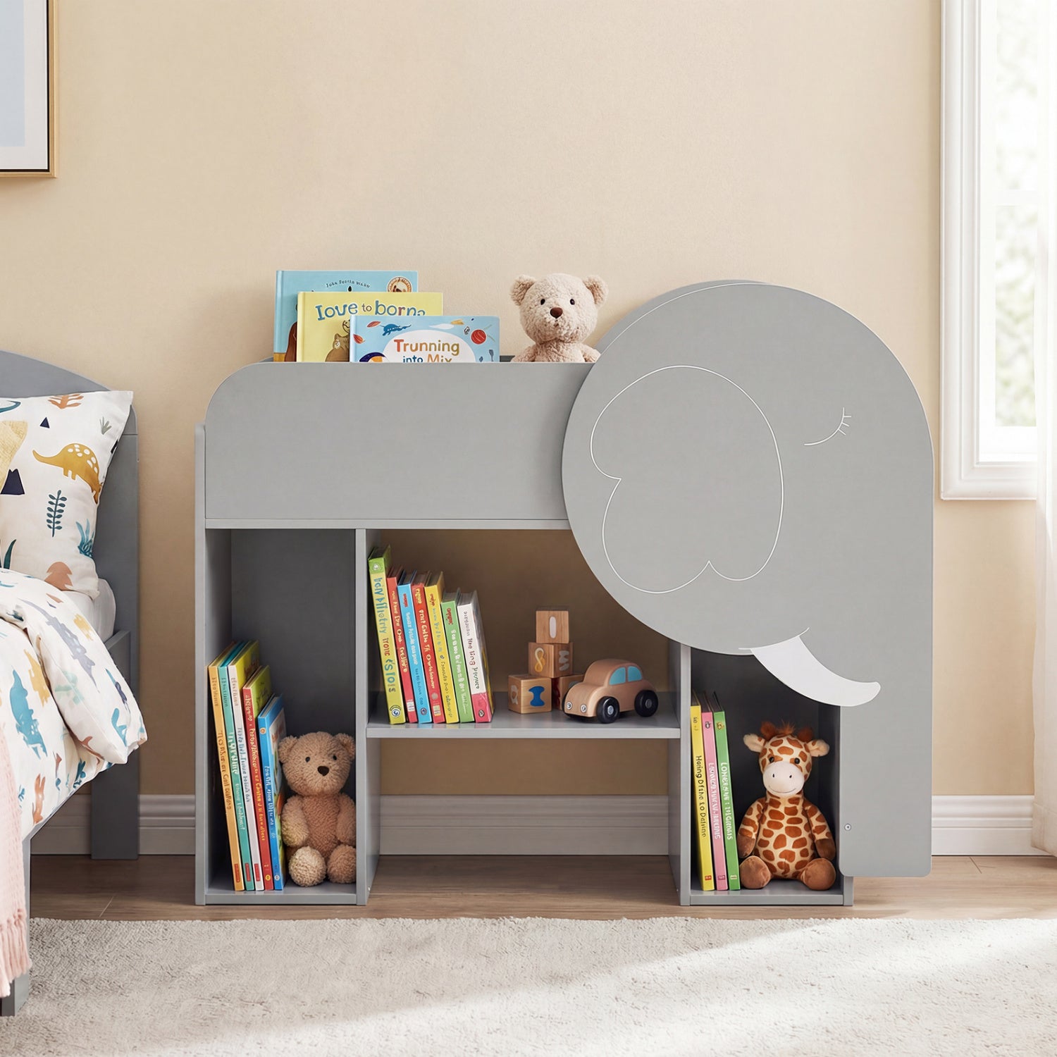 Montessori Bookshelf with Elephant Shape 3-Tier Toddler...