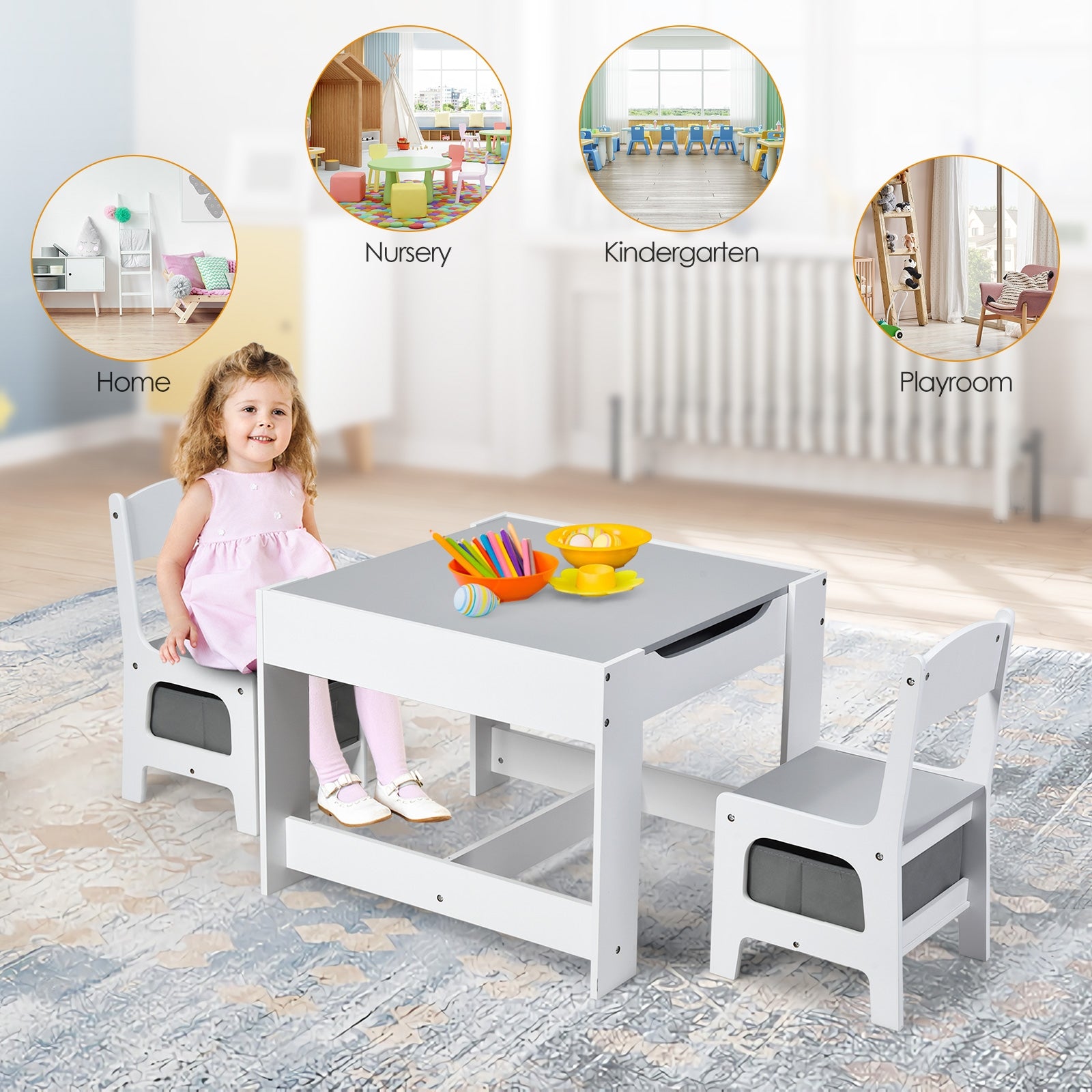 Kids Table Chairs Set With Storage Boxes Blackboard Whiteboard Drawing ...